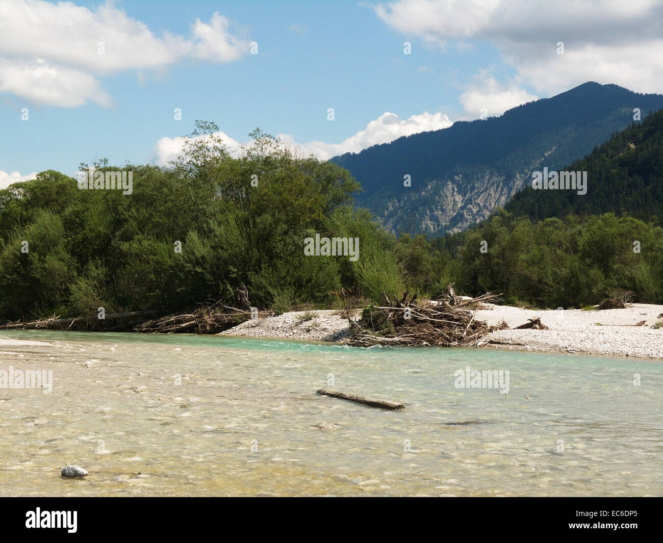 The river Isar in the Isarwinkel between Lenggries and Wallgau near ...