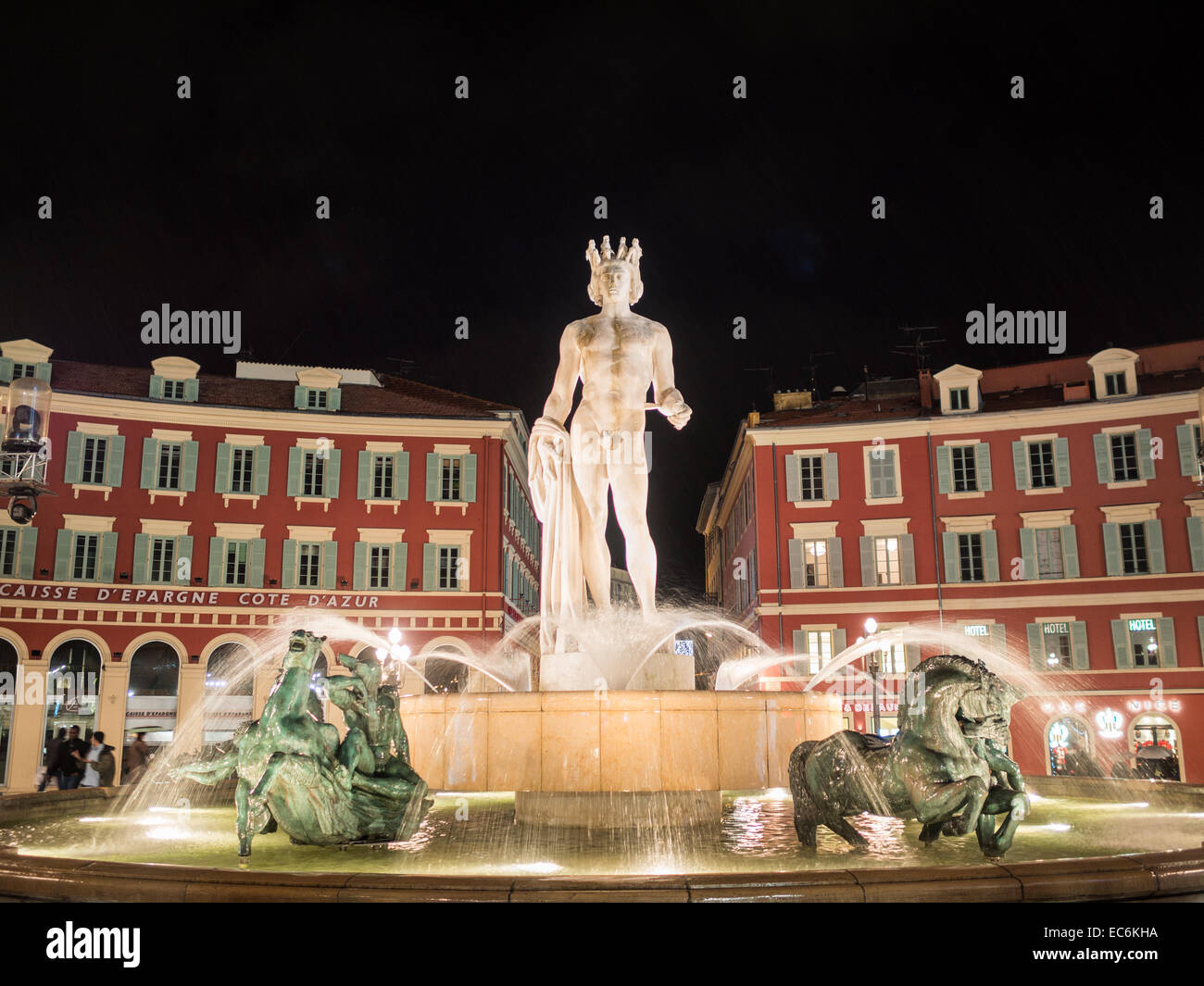 Night view of Apollo statue and fountain in Nice's Place Massena Stock ...