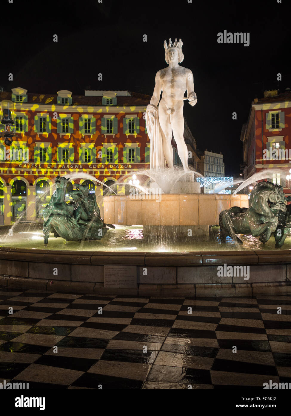 Night view of Apollo statue and fountain in Nice's Place Massena Stock ...