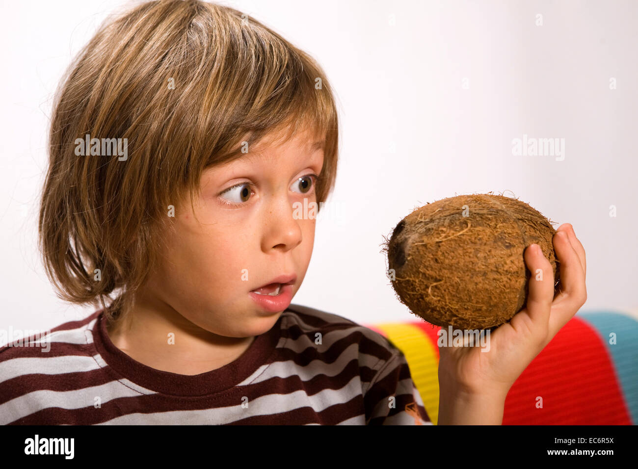 young boy, 6 years old looks to a coconut Stock Photo - Alamy