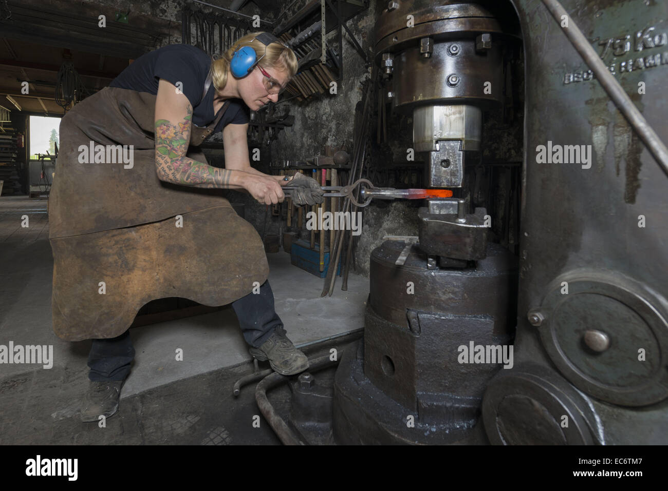 female blacksmith works a glowing piece of steel with steam hammer ...