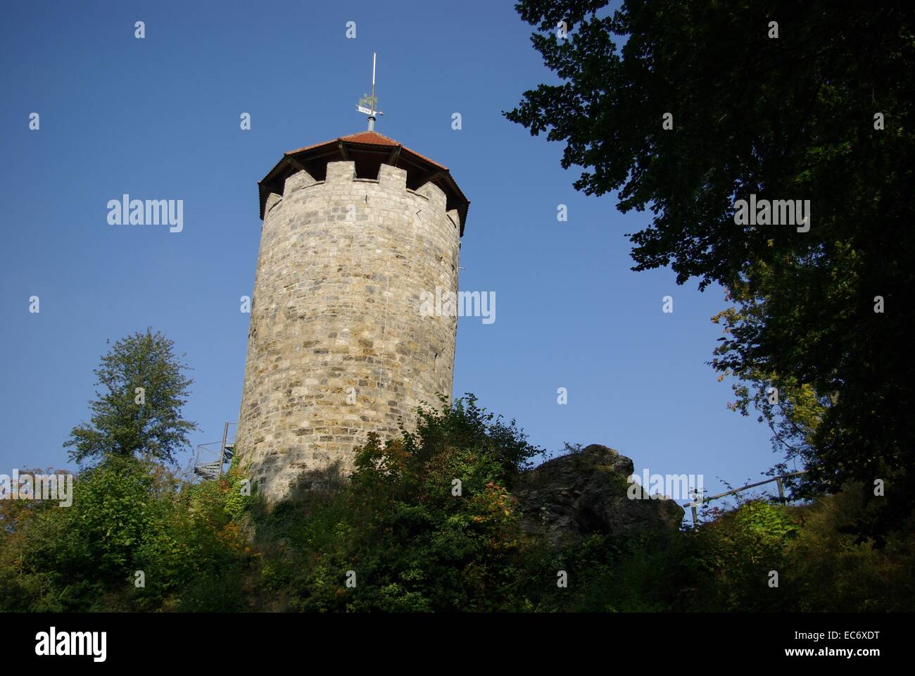 castle ruin Scharfenberg rises above Thal, Ruhla, Thuringia, Germany ...