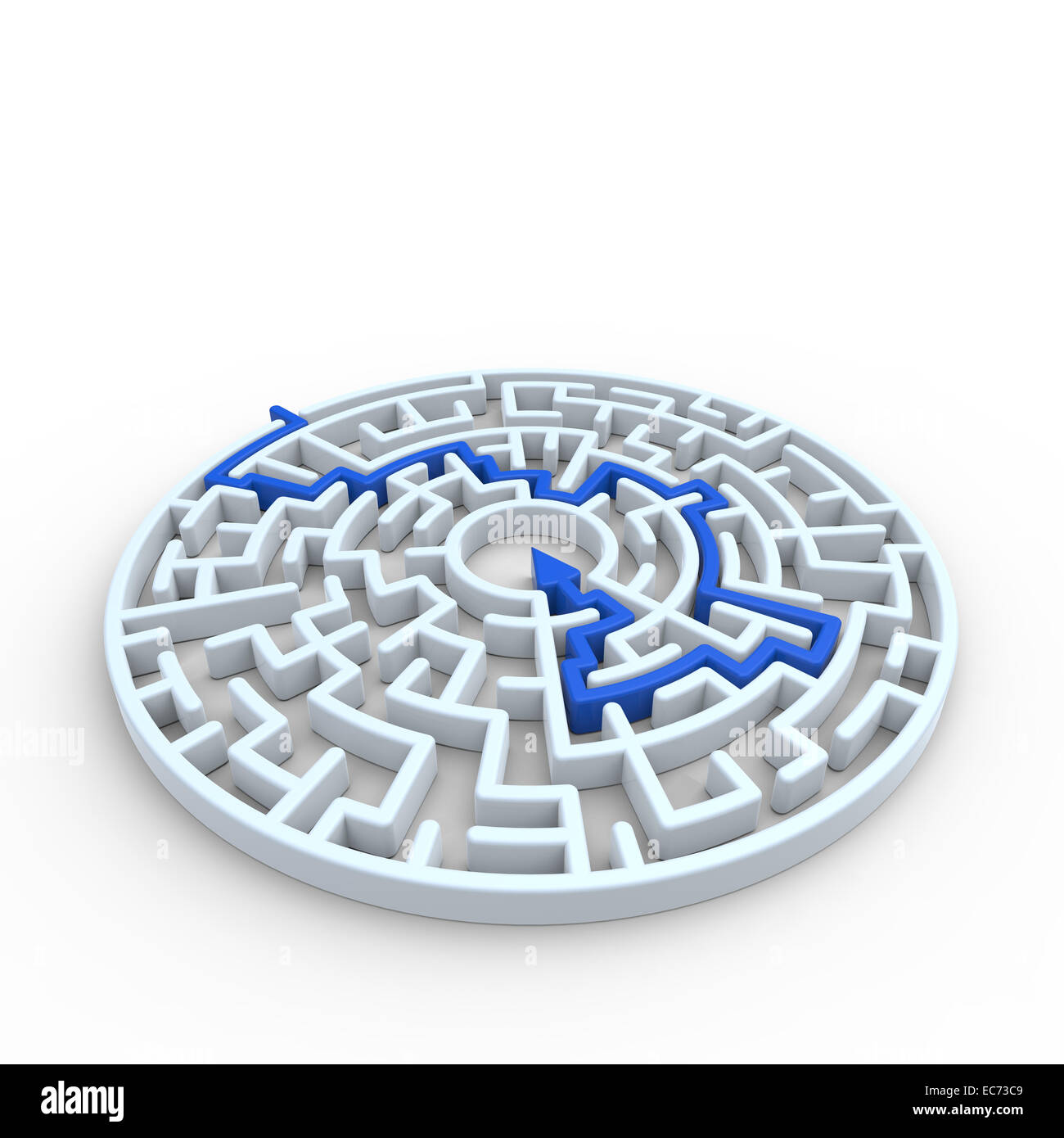 circular maze with white walls and blue arrow path on a white ...