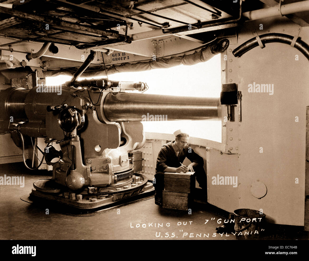 Looking out 7" gun port, U.S.S. Pennsylvania. Ca. 1918 Stock Photo - Alamy