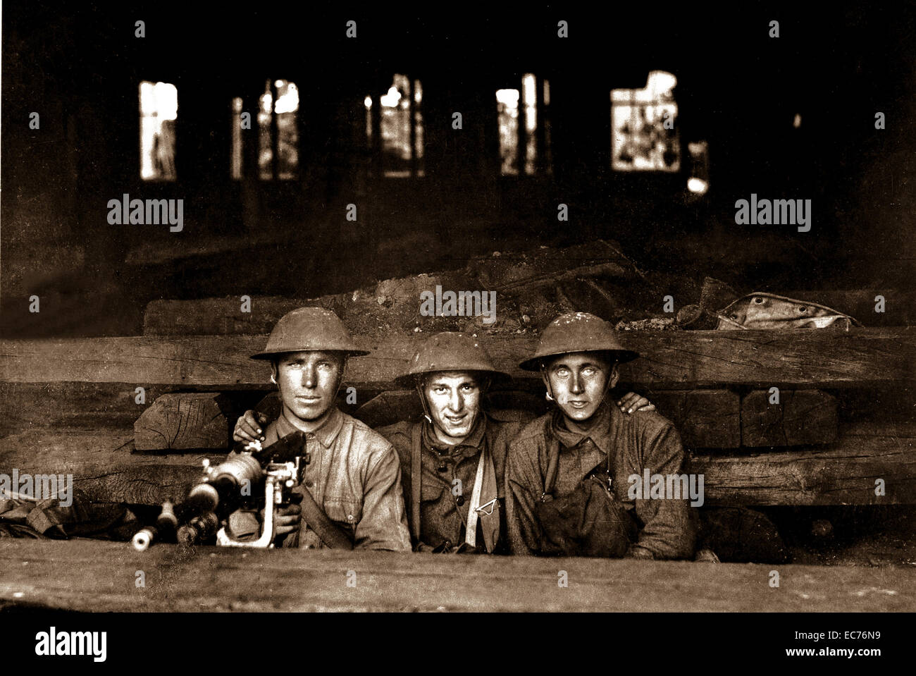 Machine gun set up in railroad shop. Company A, Ninth Machine Gun ...