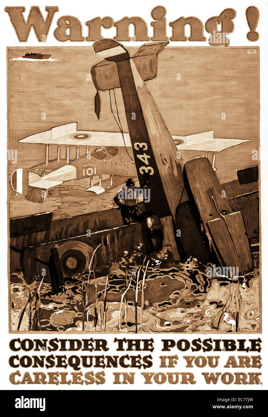 A WWI poster depicting a crashed military aircraft and states Warning ...