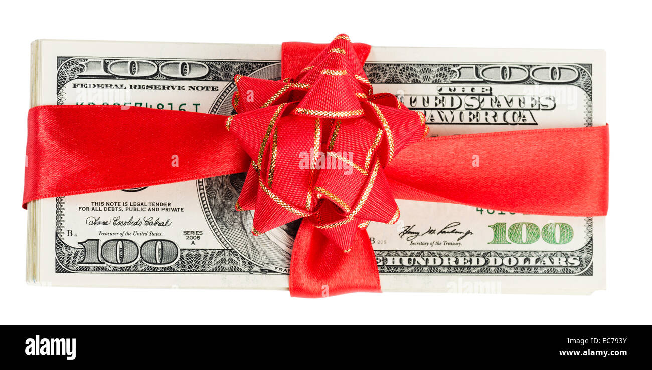Money gift (big stack of dollars with red bow isolated on white ...