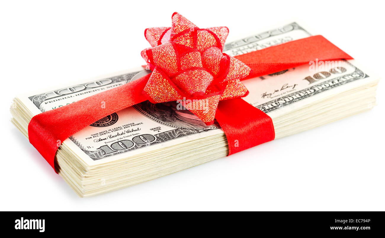 Money gift (big stack of dollars with red bow isolated on white ...