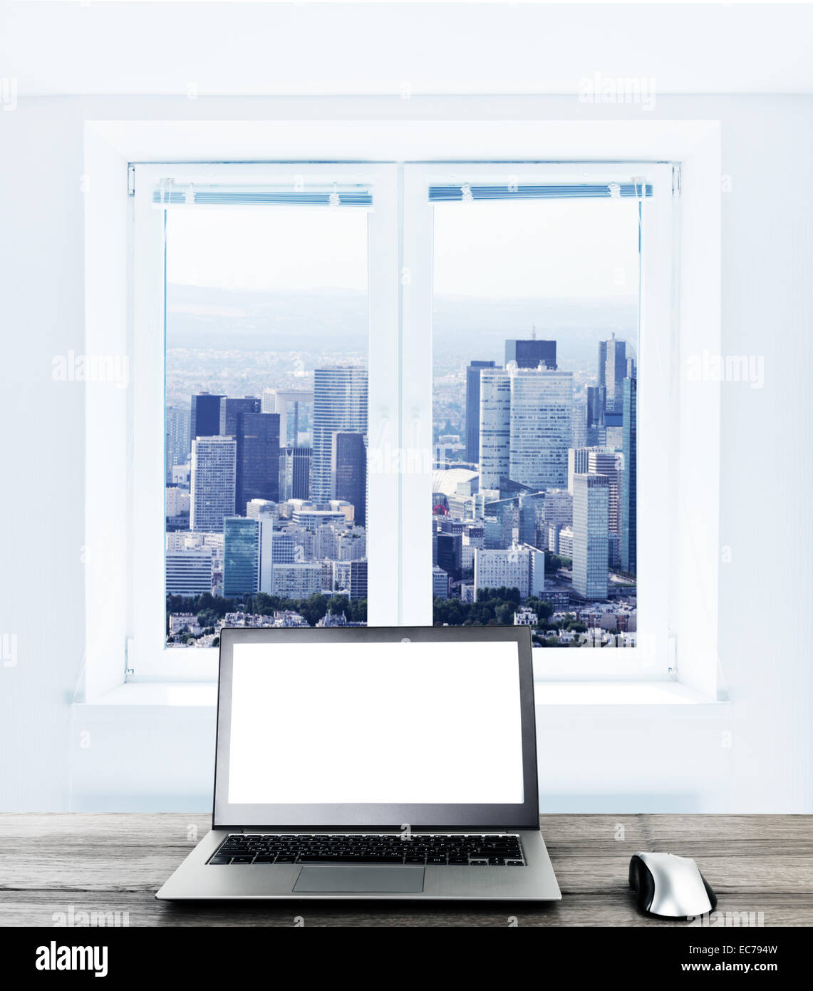 Office workplace with computer and skyscraper outside the window Stock ...
