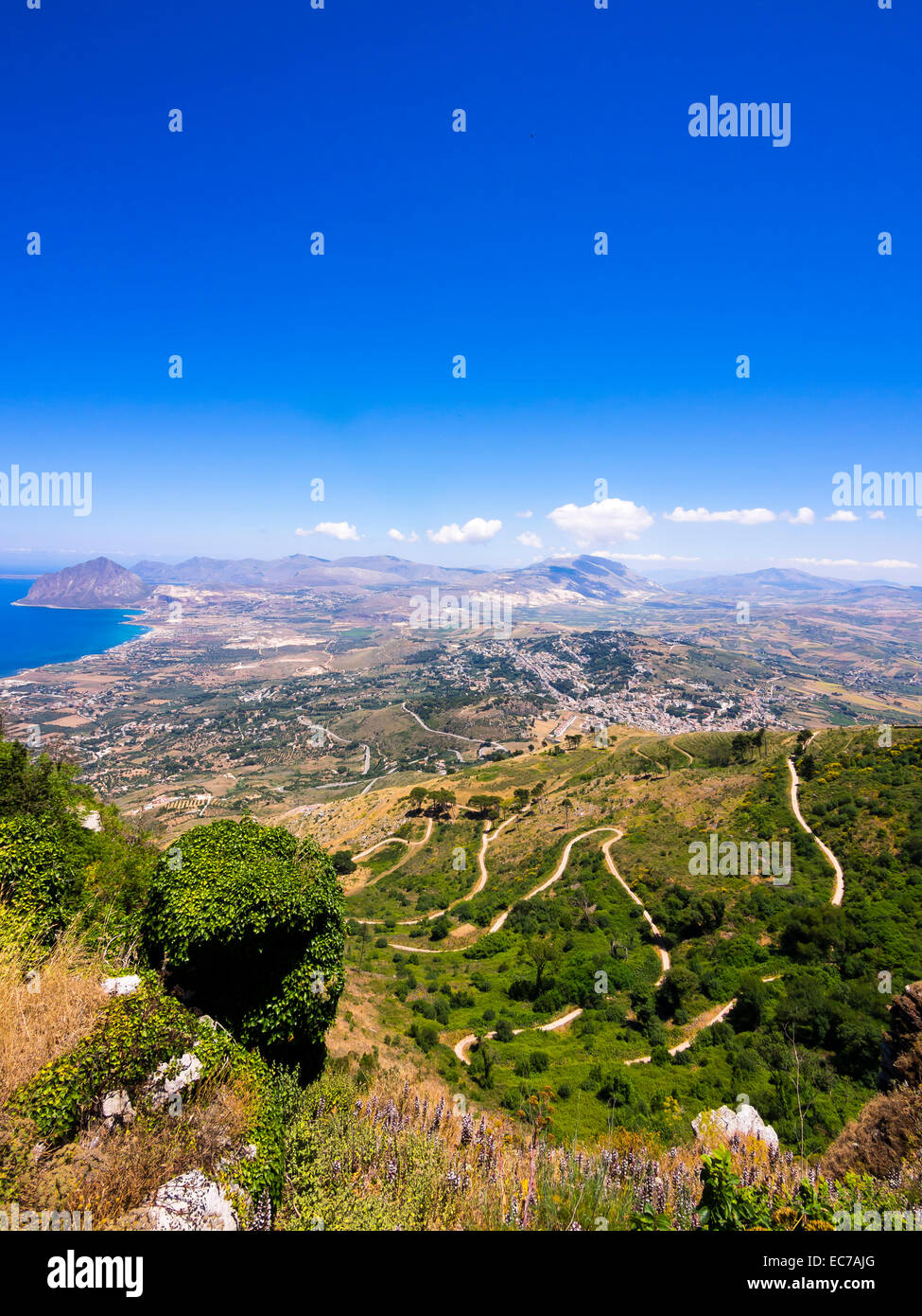 Italy, Sicily, Province of Trapani, Erice, View to the coast, Monte ...
