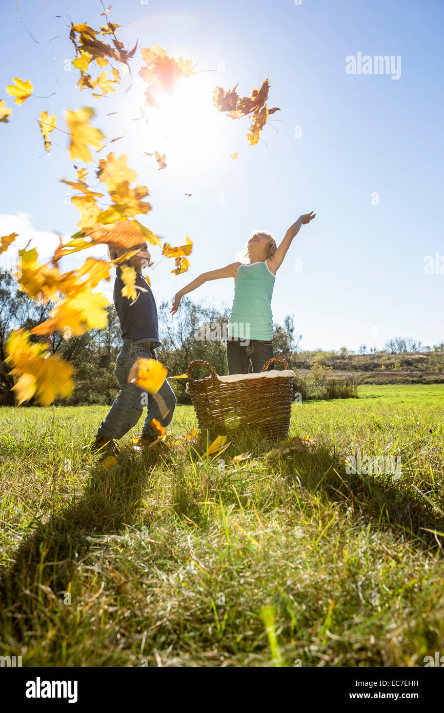 Two children throwing autumn leaves up in the air Stock Photo - Alamy