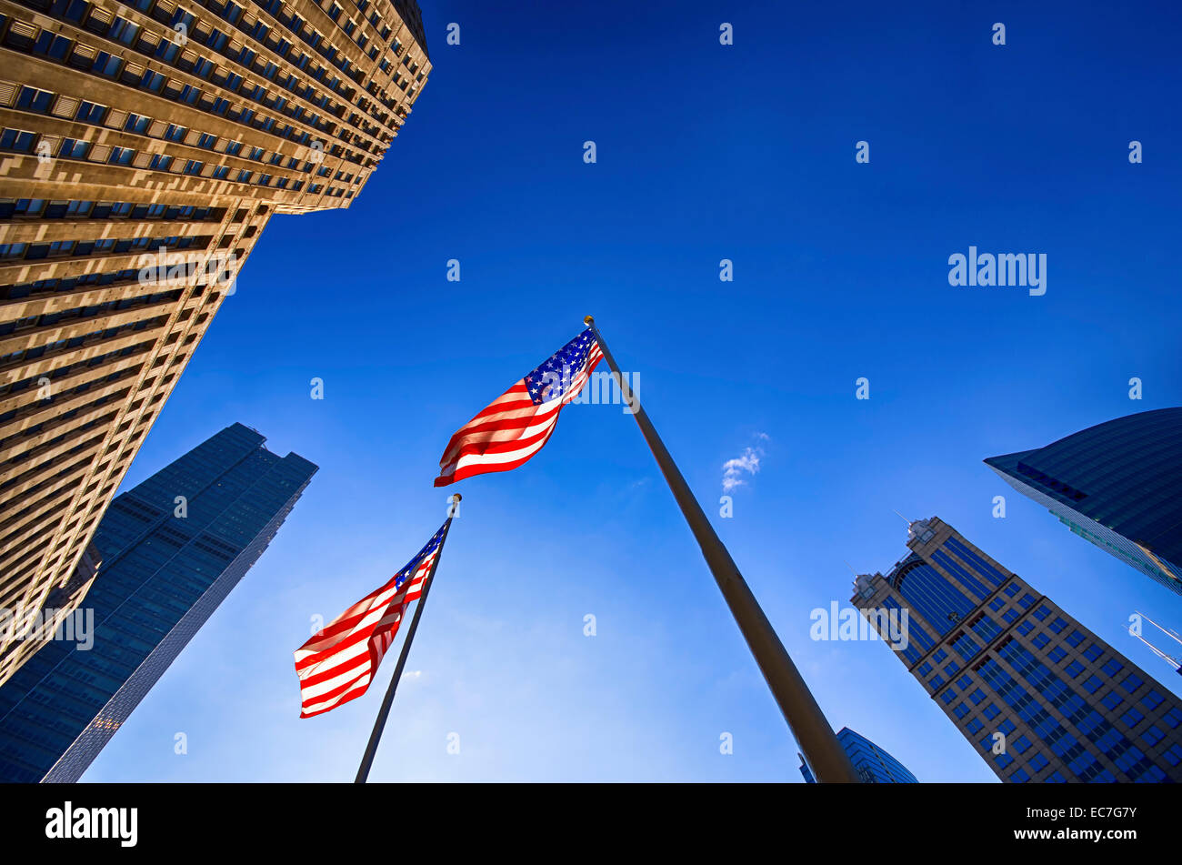 USA, Illinois, Chicago, view to facades of skyscrapers and two American ...