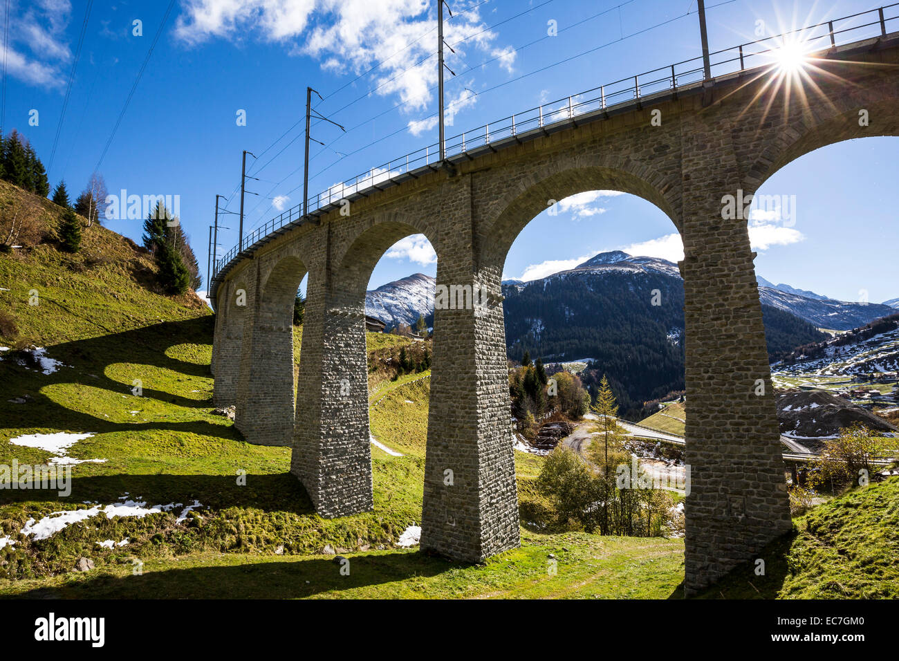 Switzerland, Grisons, Glarus Alps, Surselva Valley, railway bridge near ...