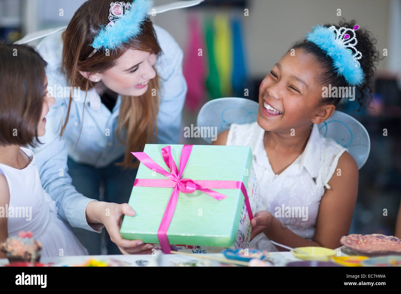 Girl receiving gift on a birthday party Stock Photo - Alamy