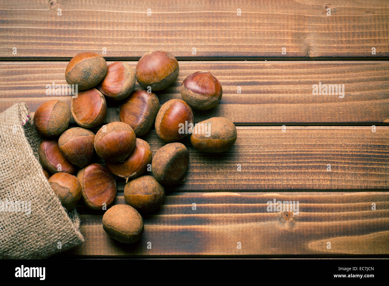 top view of chestnuts in jute bag Stock Photo - Alamy