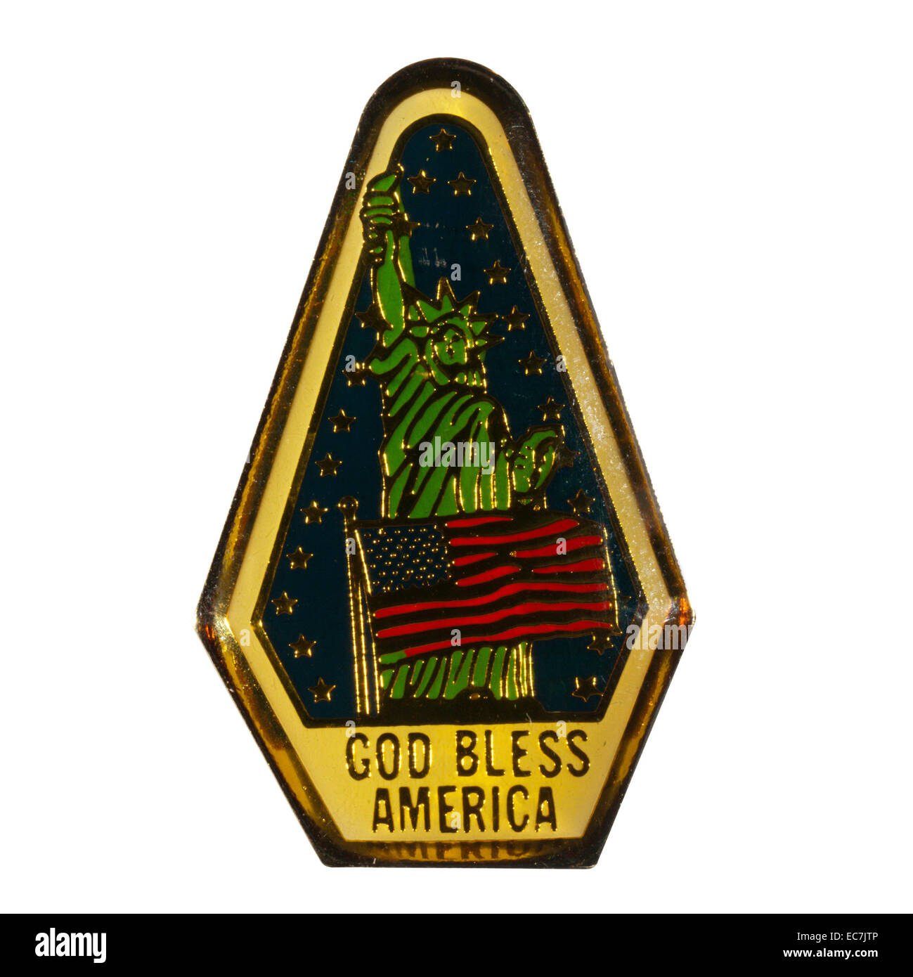 Lapel badge showing the Statue of Liberty and US flag with words God ...