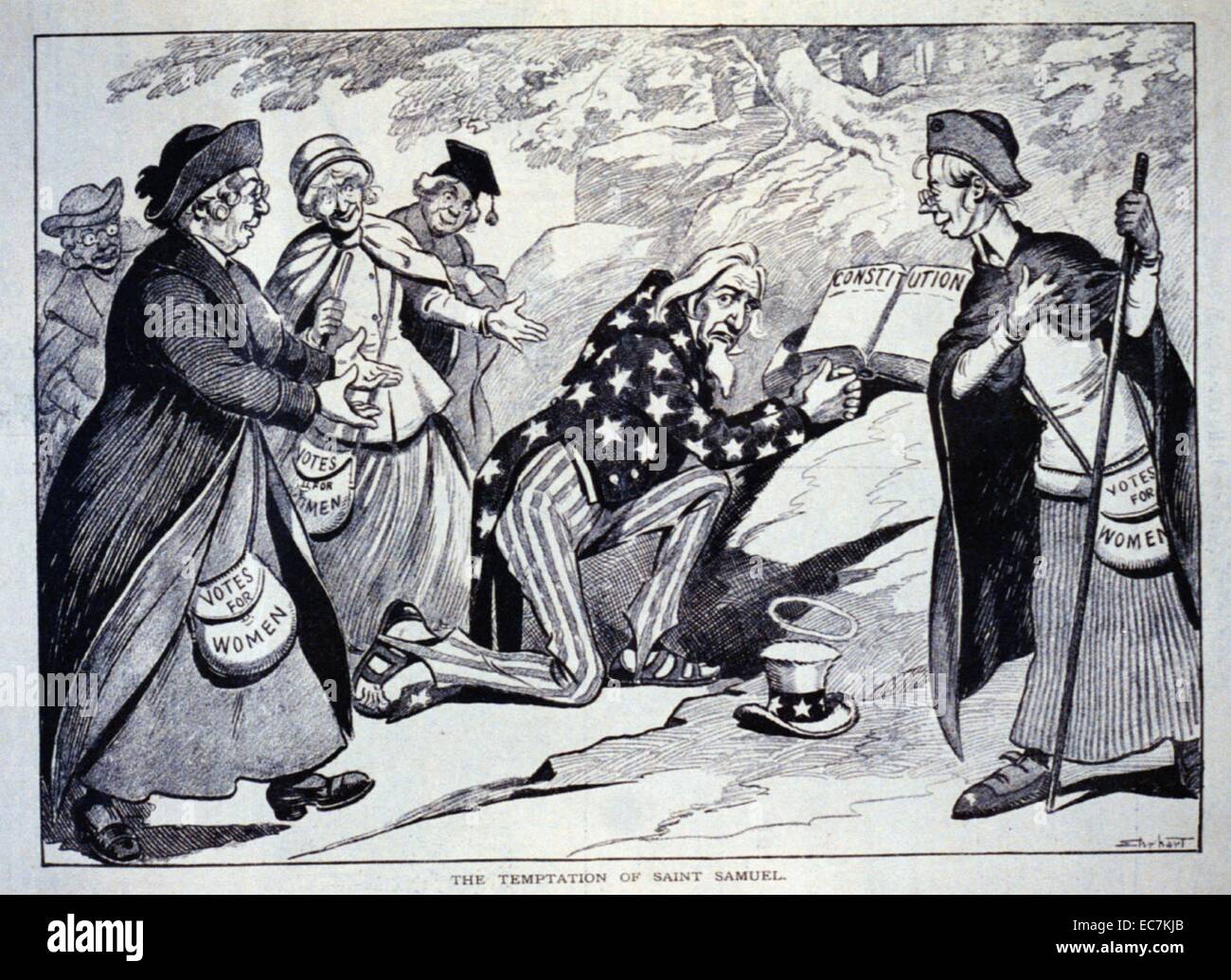 The temptation of Saint Samuel. Caricature showing Uncle Sam, kneeling ...