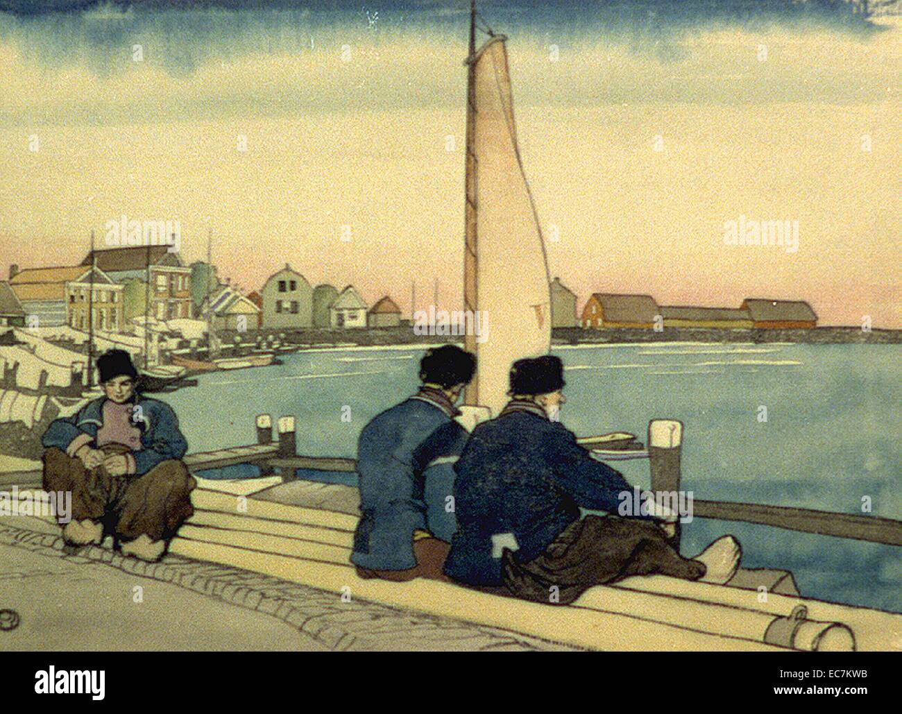 Waiting for wind and tide. Two men and a boy, all in traditional Dutch ...