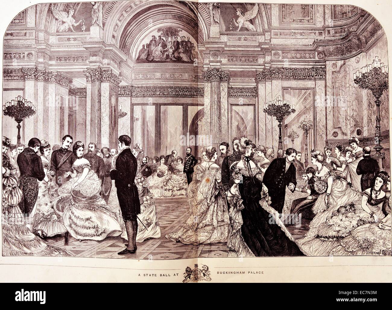 Engraving depicts a state ball at Buckingham Palace. Dated 1870 Stock ...