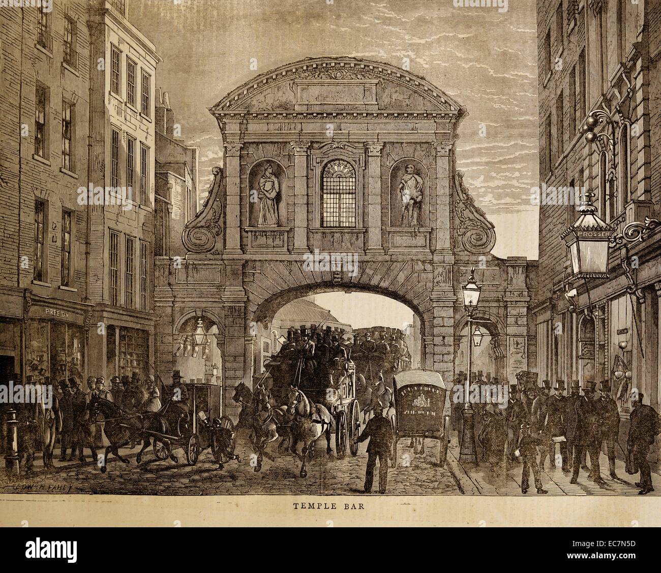 Engraving of Wren's Temple Bar Gate. Commissioned by King Charles II ...