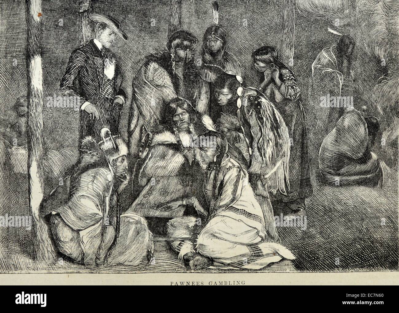 Engraving depicts Pawnee men gambling with a 'white man' observing ...