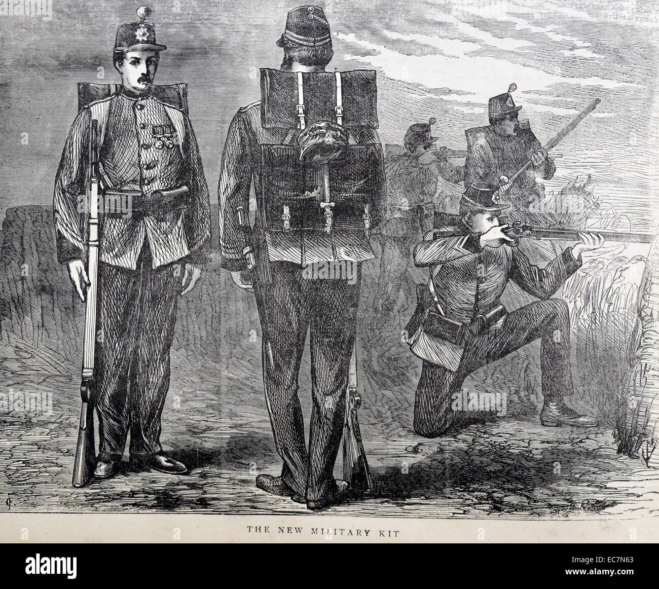 Engraving depicts soldiers modelling the military kit and uniform ...