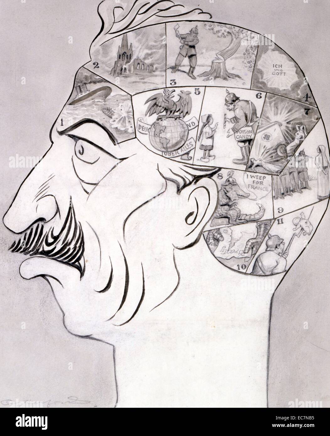 Frenzylogical chart. World War I cartoon drawing is a phrenological ...