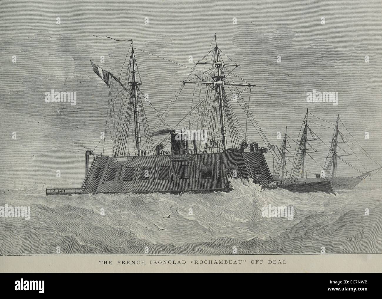 Engraving of the French Ironclad "Rochambeau". An ironclad was a steam ...