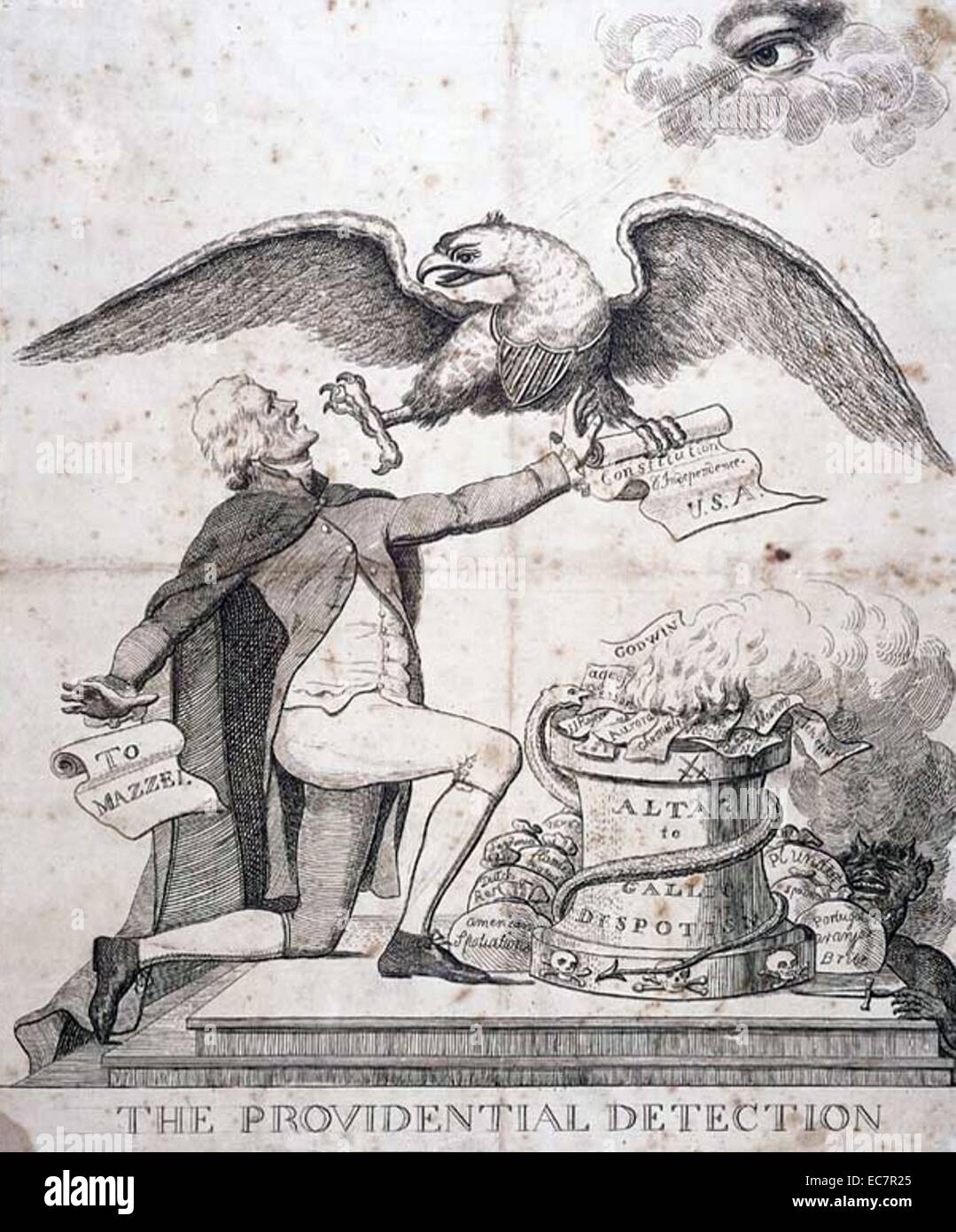 Cartoon titled 'The Providential Detection' depicts President Thomas ...