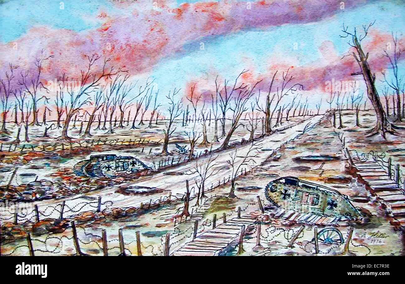 Painting titled 'Tank Battleground' by Adolf Hitler (1889-1945). Dated ...