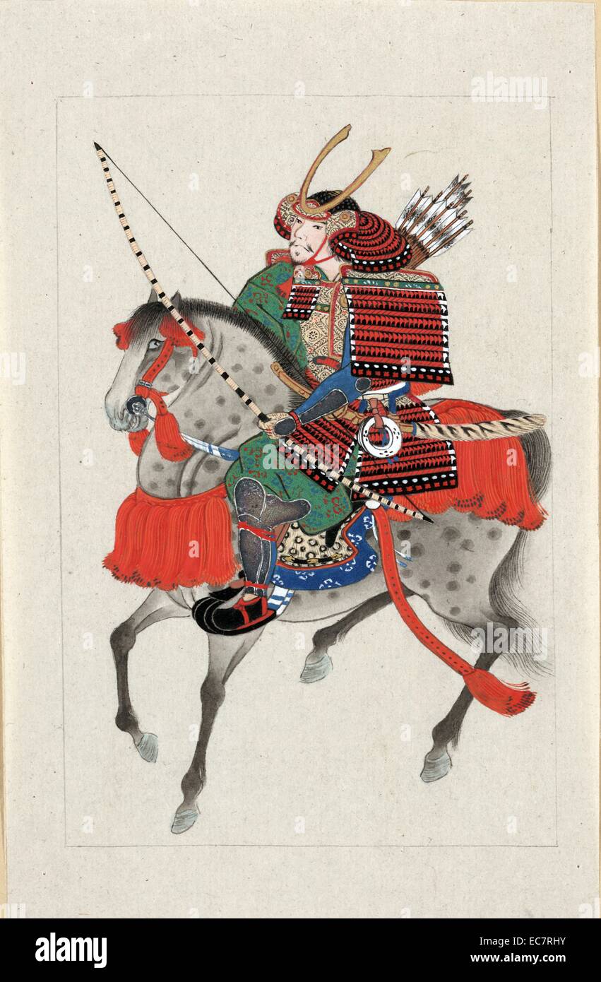 Samurai on horseback; wearing armour and horned helmet; carrying bow ...