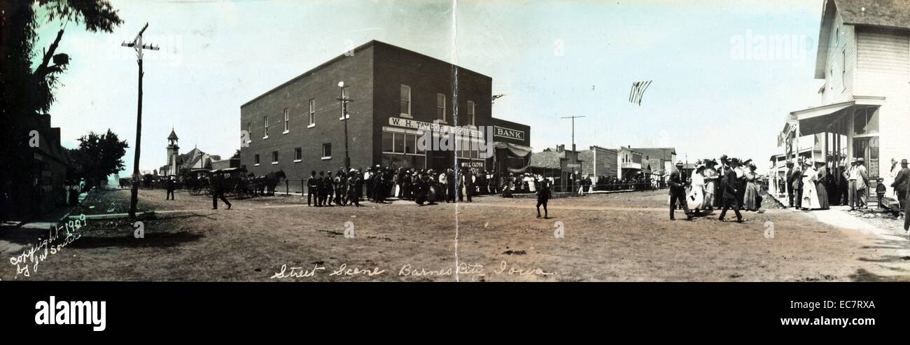 Street scene Barnes City; Iowa from a street corner showing horses and ...