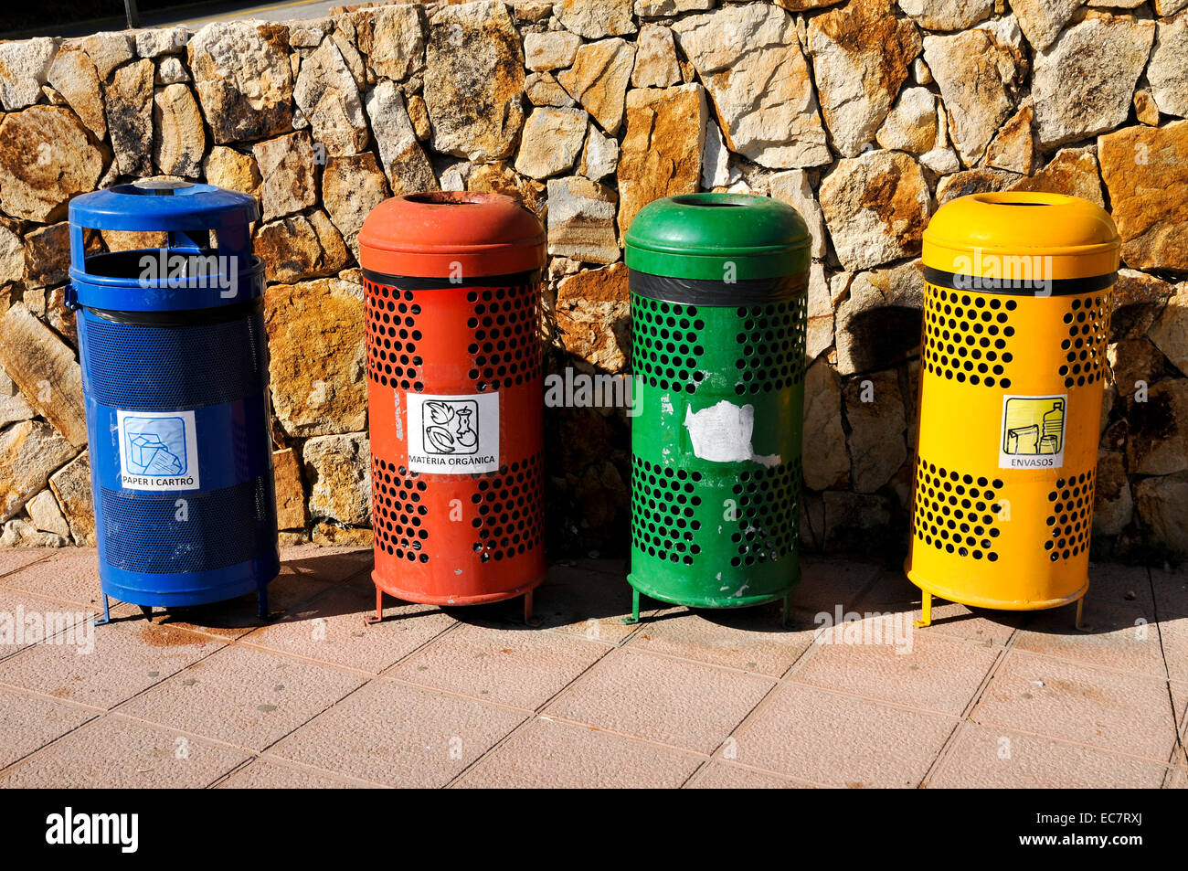 Waste separation and Recycling bins photographed Costa Brava, Catalonia ...