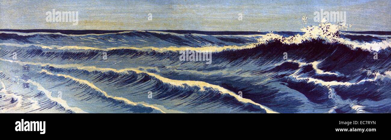 Ocean waves. Colour woodcut by Uehara Konen; early 20th century Stock ...