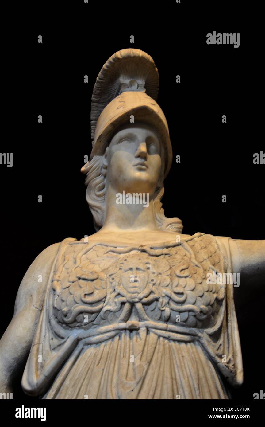 Colossal marble statue of Athena. The head and helmet of the goddess ...