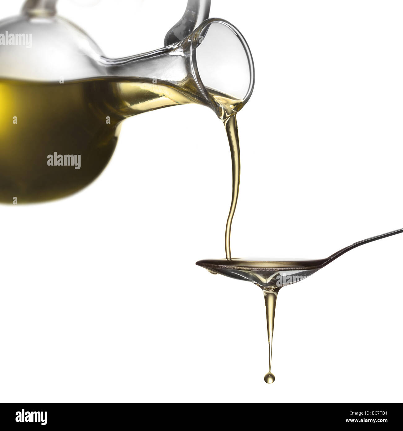 Pouring oil from jar on spoon isolated on white Stock Photo - Alamy