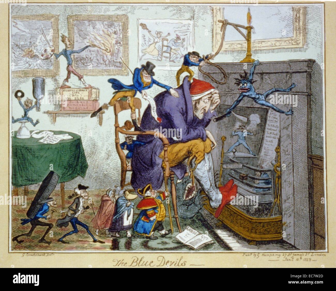 The blue devils', a sad and troubled man seated facing a fireplace ...