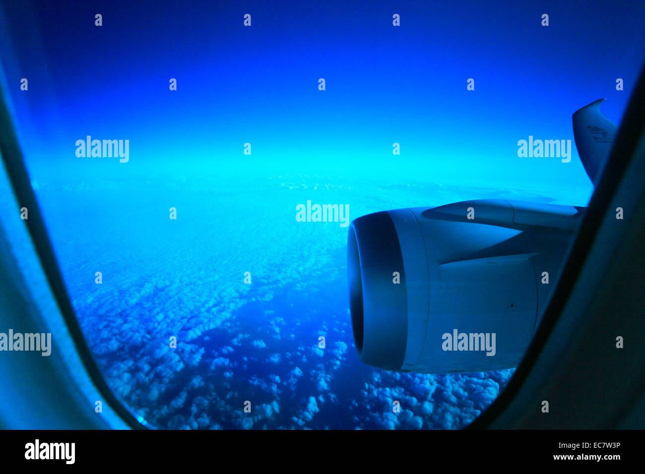 View from aeroplane window showing the blue dimming effect windows in ...