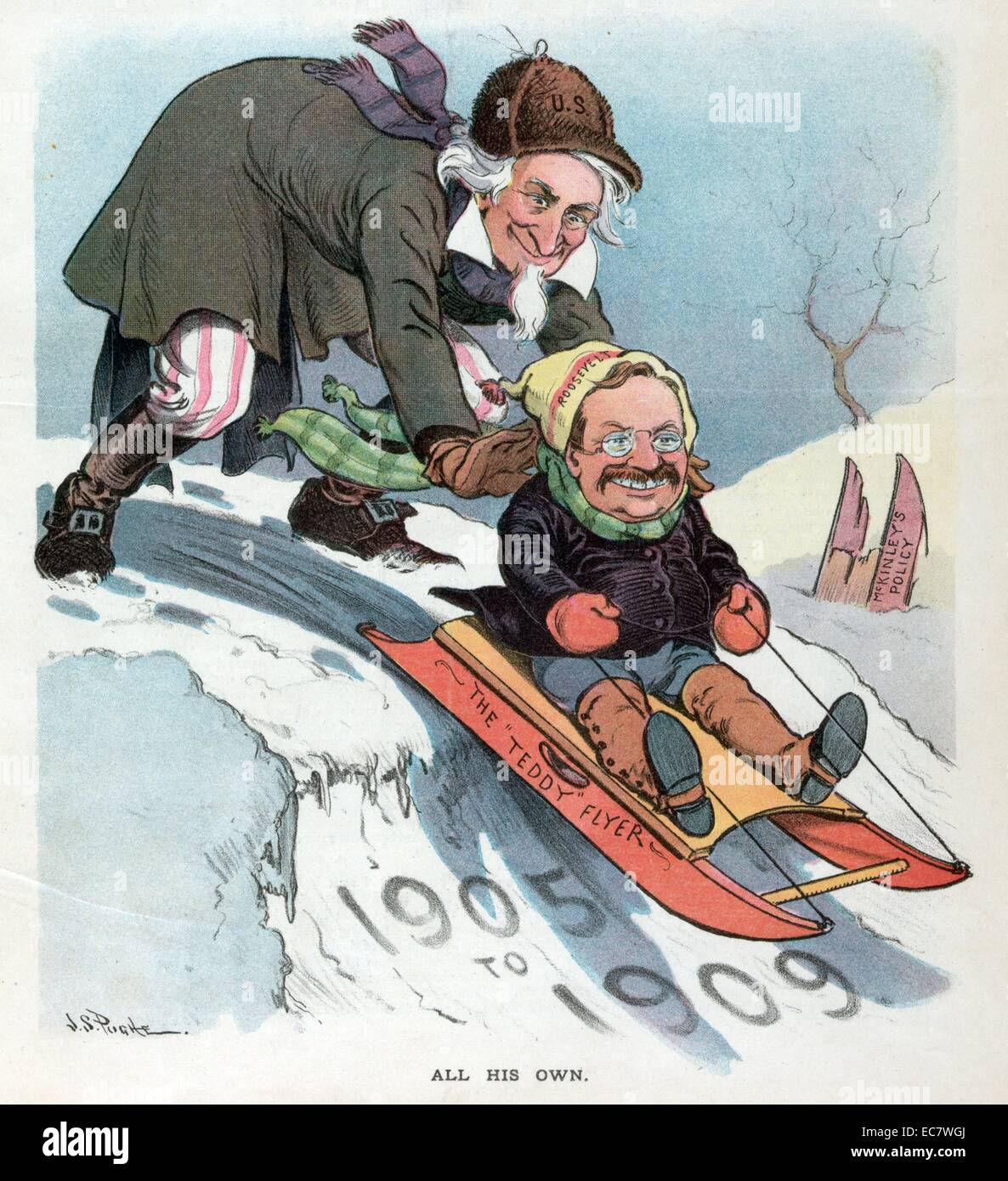All his own' Uncle Sam pushing President Theodore Roosevelt, on a sled ...