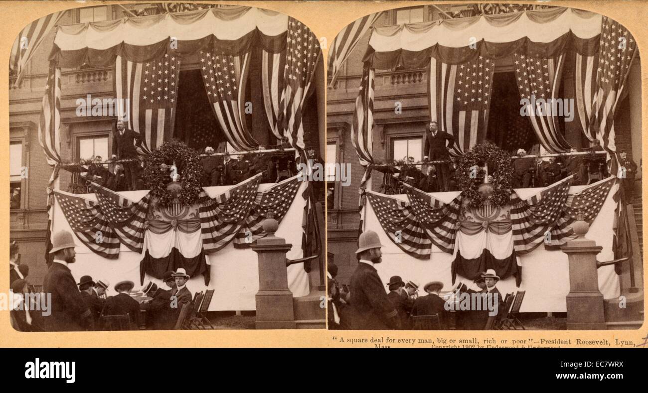 U.S President Theodore Roosevelt speaking at a political rally. 1902 ...