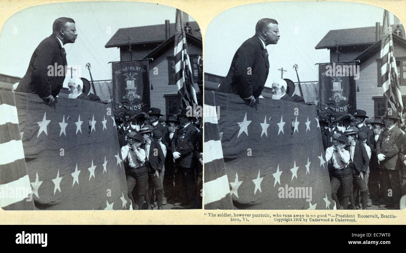 U.S President Theodore Roosevelt speaking at a political rally. 1902 ...