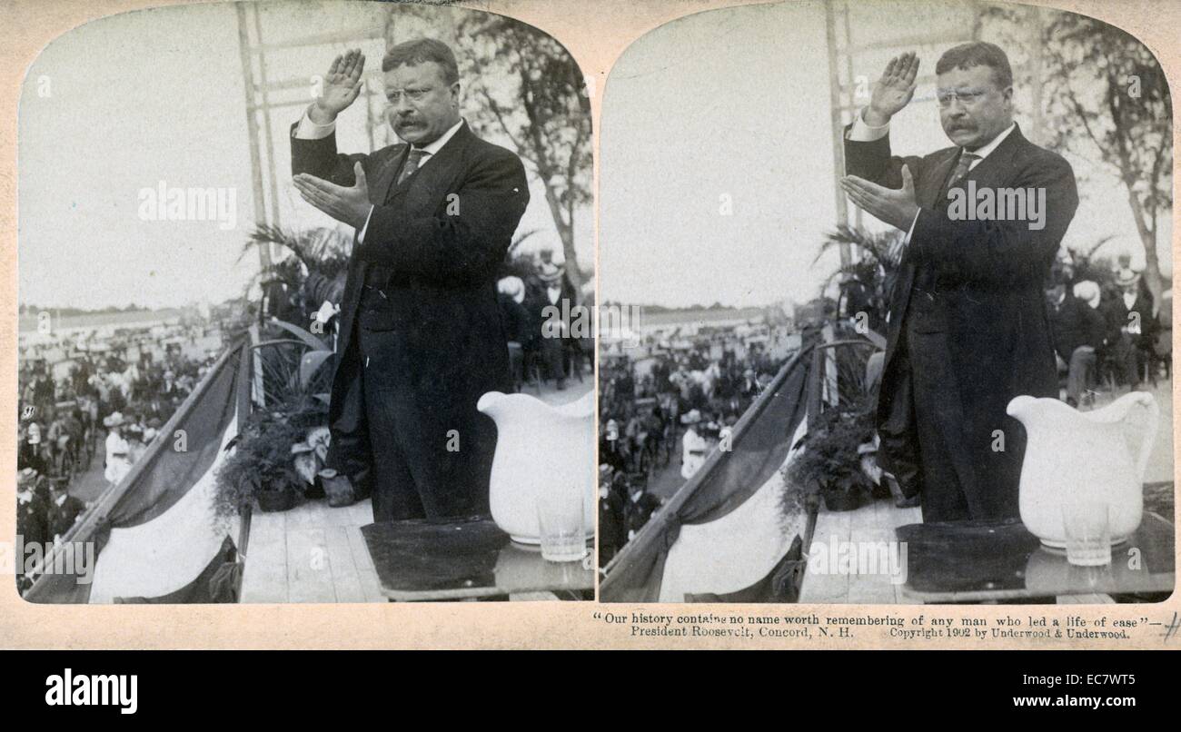 U.S President Theodore Roosevelt speaking at a political rally. 1902 ...