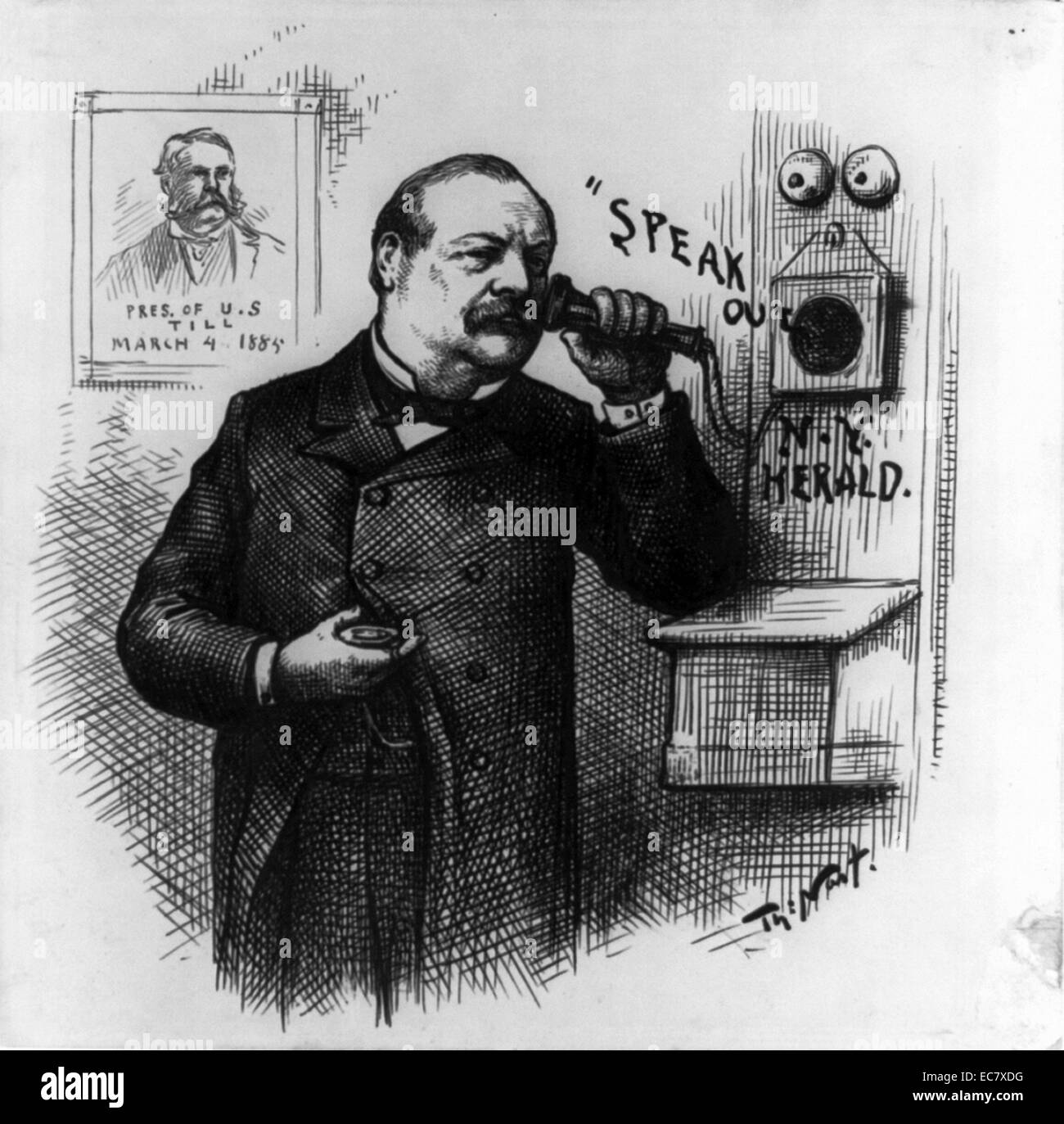 President Grover Cleveland (1837-1908) holds a telephone receiver to ...