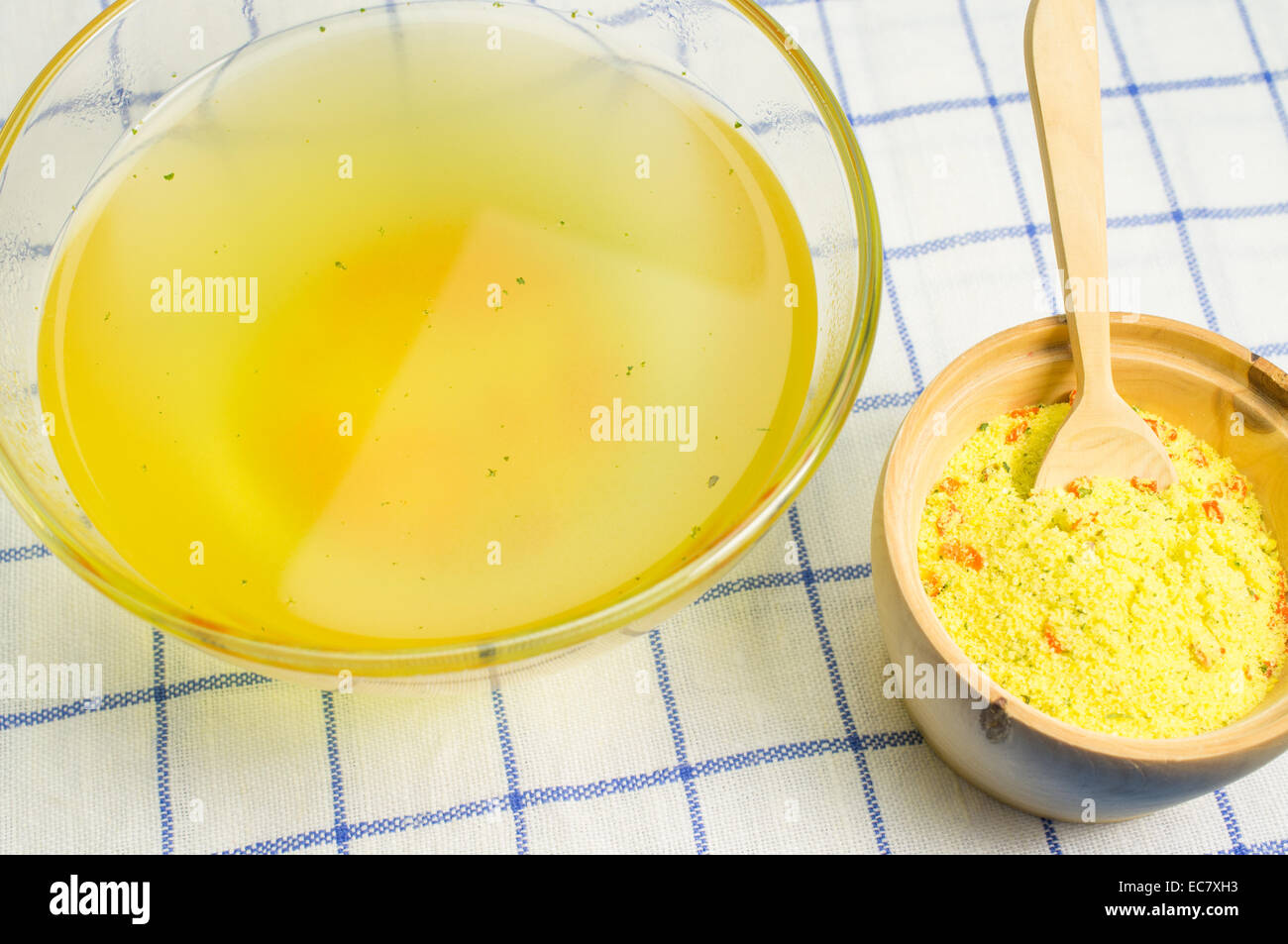 Broth, bouillon, clear soup? stock in a transparent bowl. Near bouillon ...