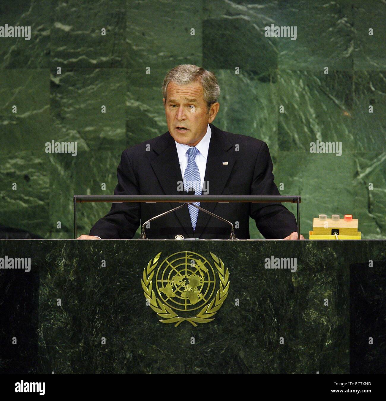 George W Bush US president 2001-2009 addresses the UN General Assembly ...