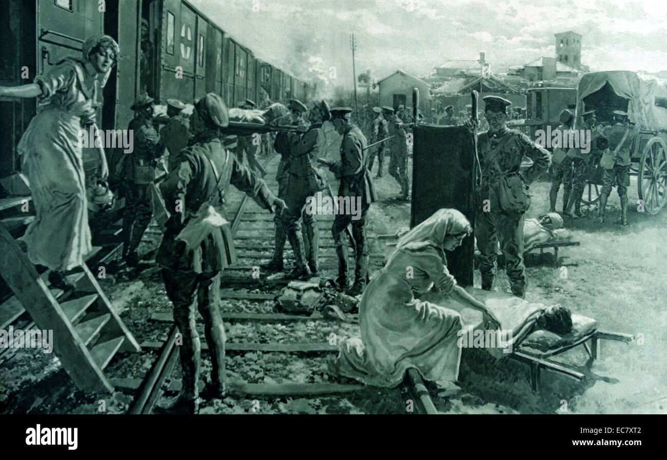 An ambulance train stops at a field hospital in France to offload ...