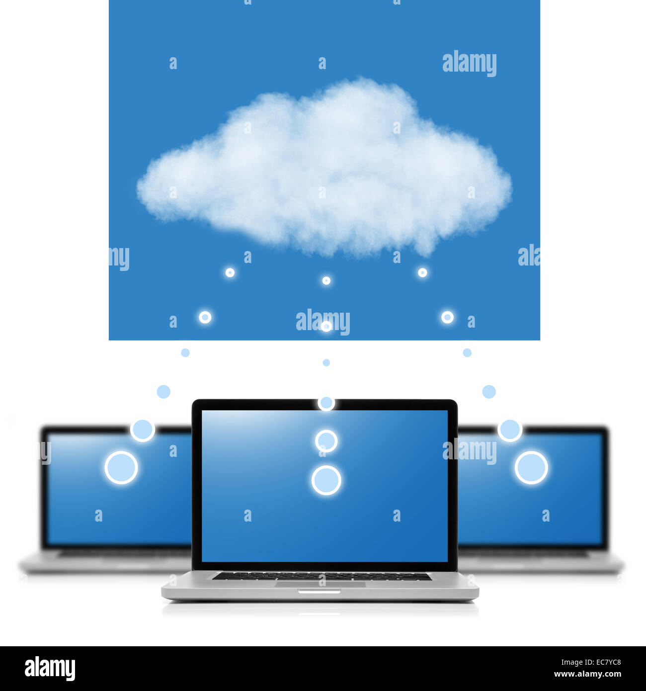 Cloud computing network concept. Notebooks linked with cloud isolated ...