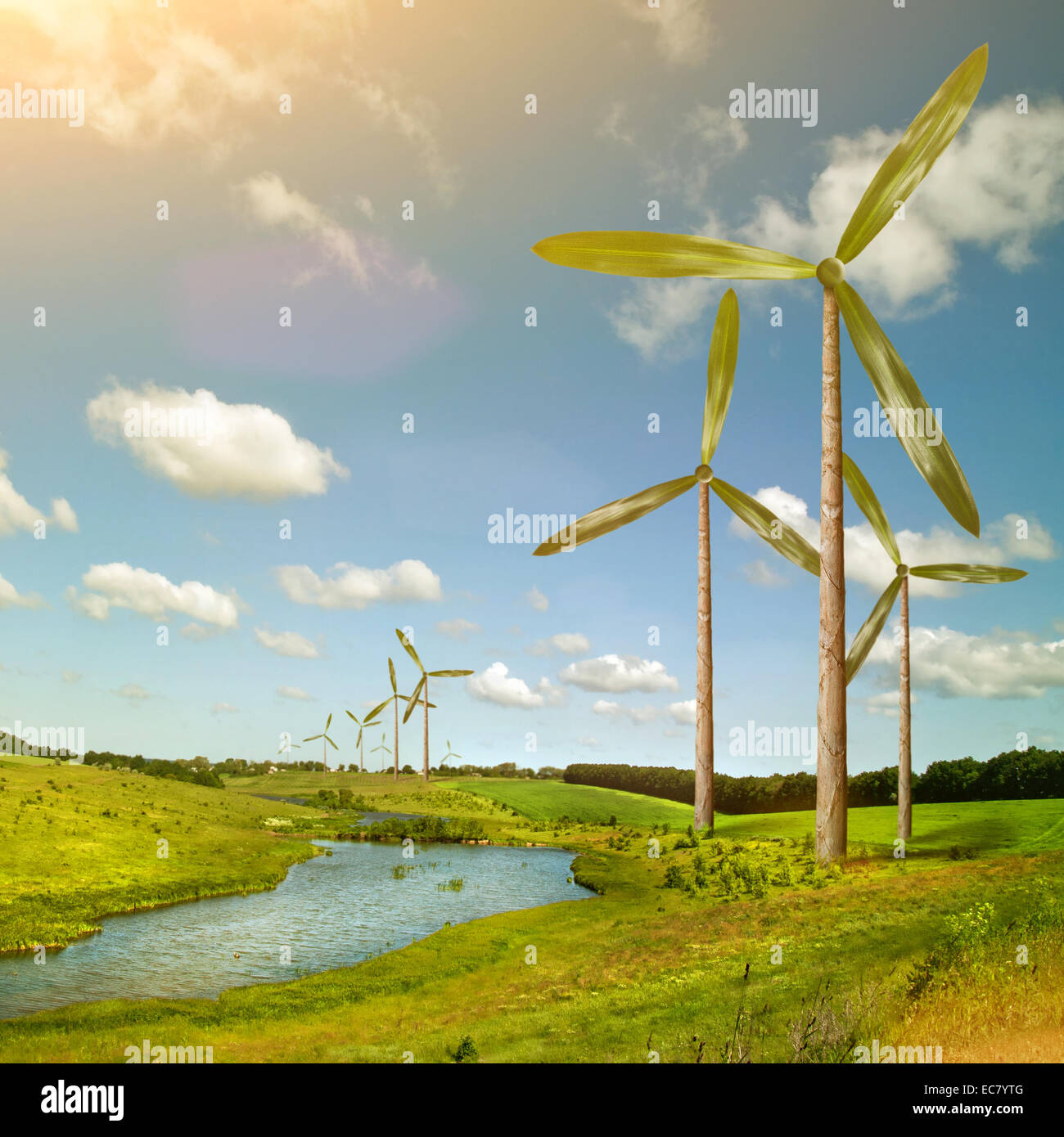 Green energy concept - natural wind generator turbines on summer ...