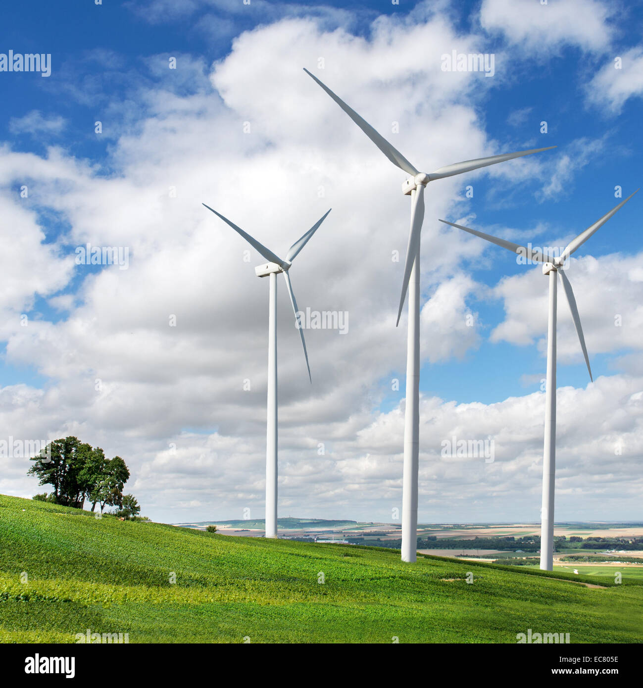 Wind generators turbines on summer landscape Stock Photo - Alamy
