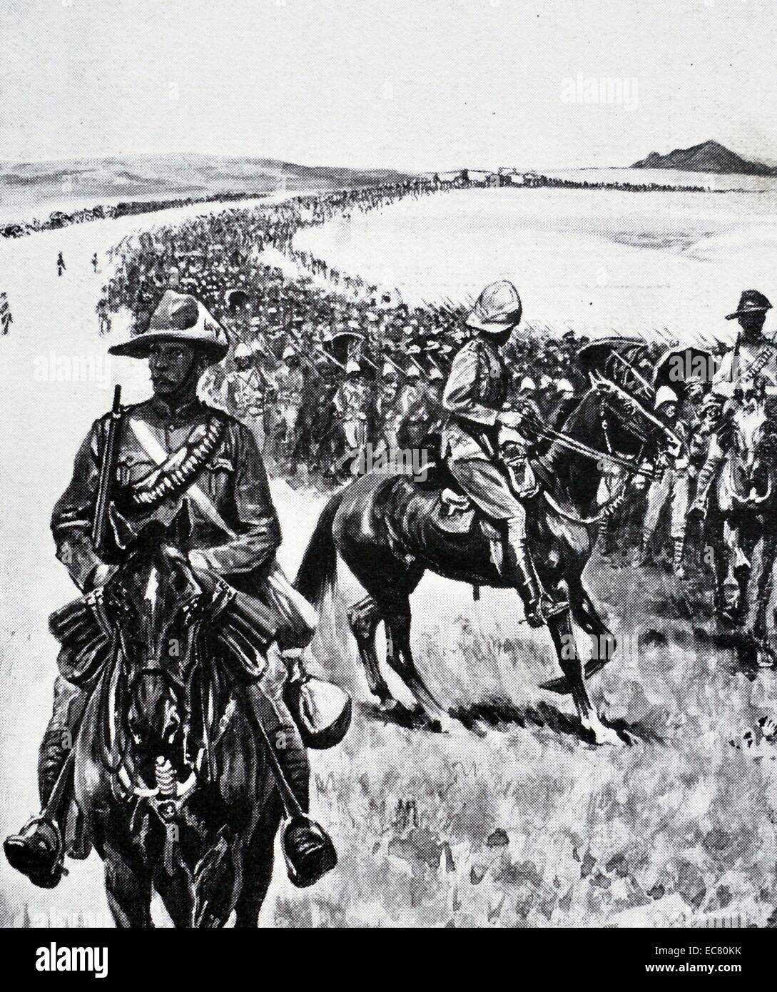 British forces march across the Veldt in South Africa during the Boer ...